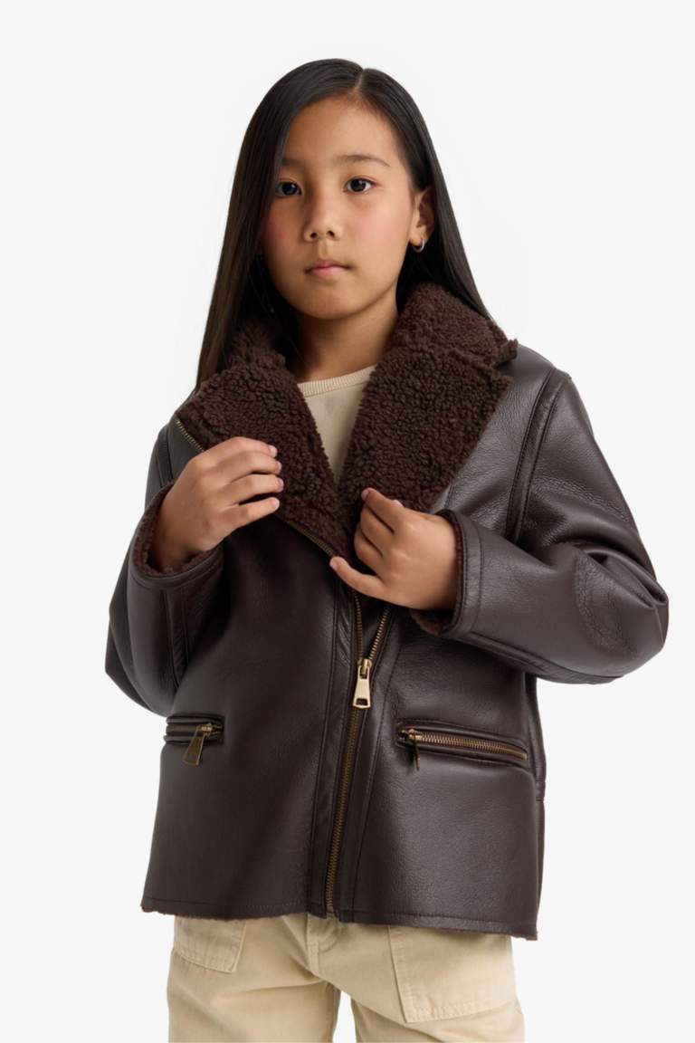 Brown GIRLS & TEENS Girl Plush Lining Zippered Jacket 3326737 | DeFacto