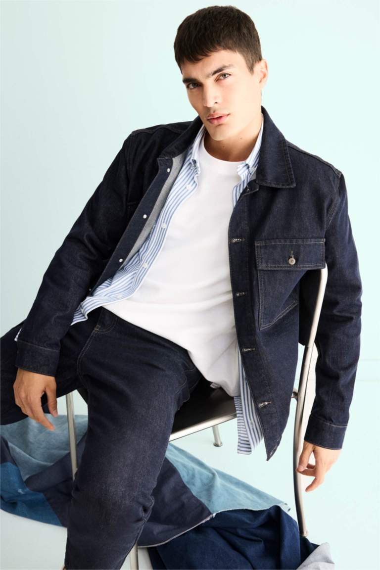 أزرق رجالي جاكيت جينز قصة مريحة بأزرار 3414510 | DeFacto