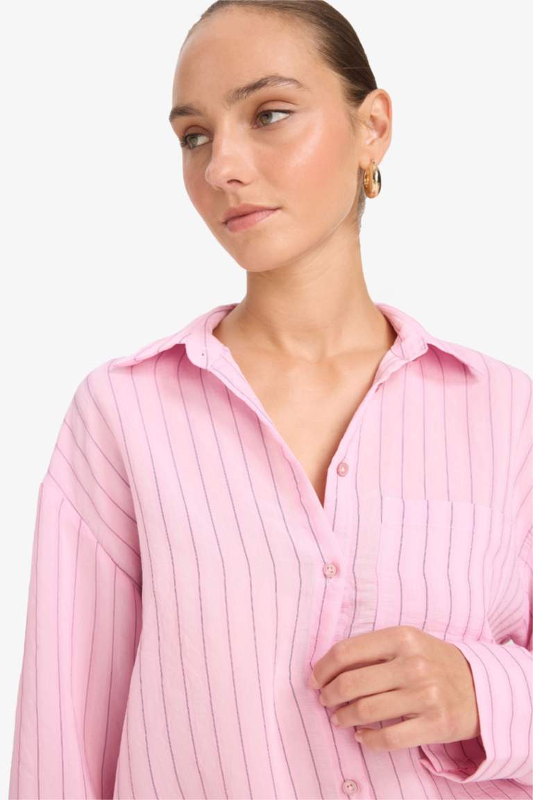 Pink WOMAN Oversize Fit Modal Long Sleeve Striped Shirt 3408140 | DeFacto