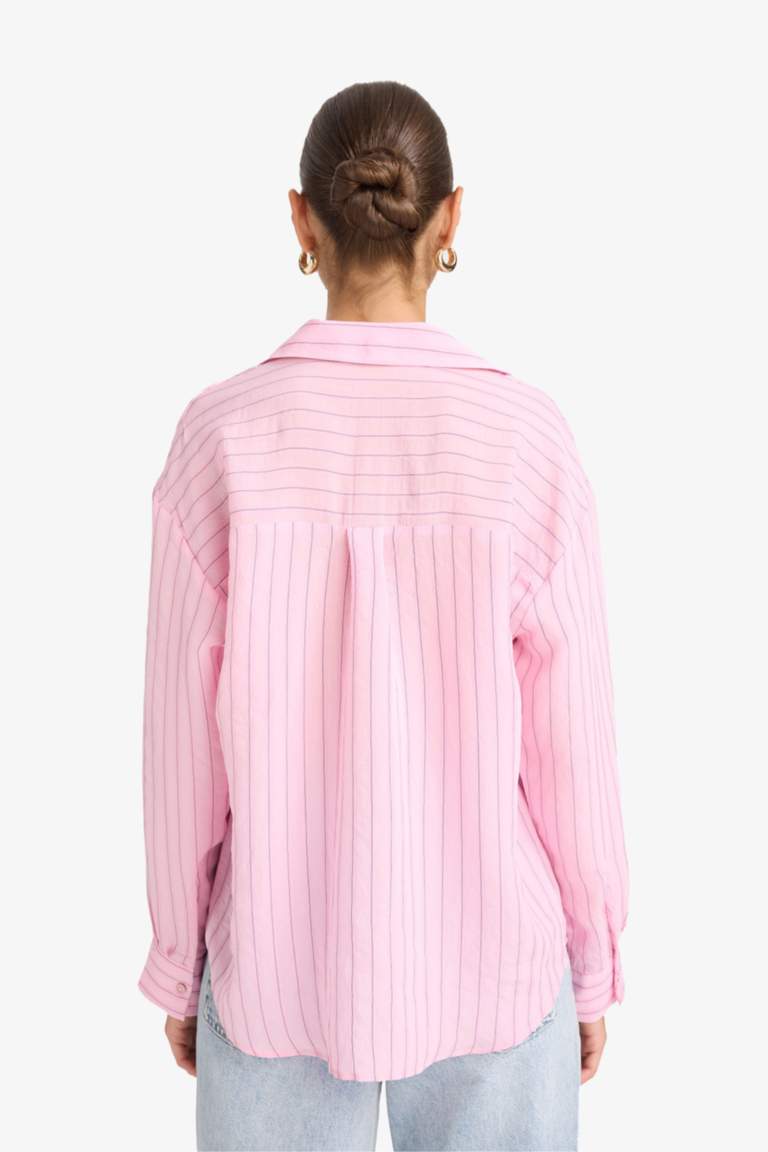 Pink WOMAN Oversize Fit Modal Long Sleeve Striped Shirt 3408140 | DeFacto