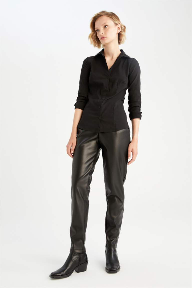 أسود حريمي قميص كم طويل قصة عادية بياقة قميص 2559304 | DeFacto