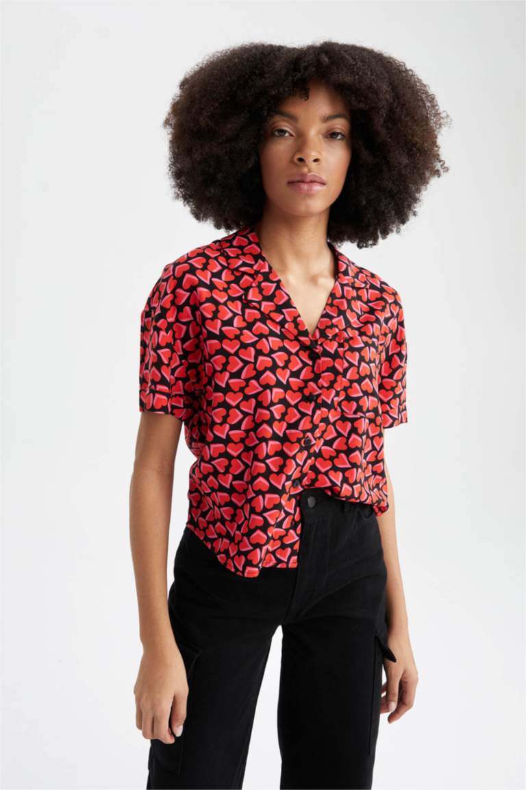 Red Woman Relax Fit Pyjama Collar Printed Short Sleeve Shirt 2372890 ...