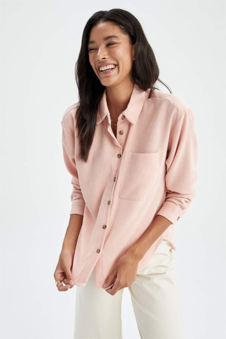 Pink WOMAN Regular Fit Short Front Long Back Long Sleeve Velvet Shirt ...