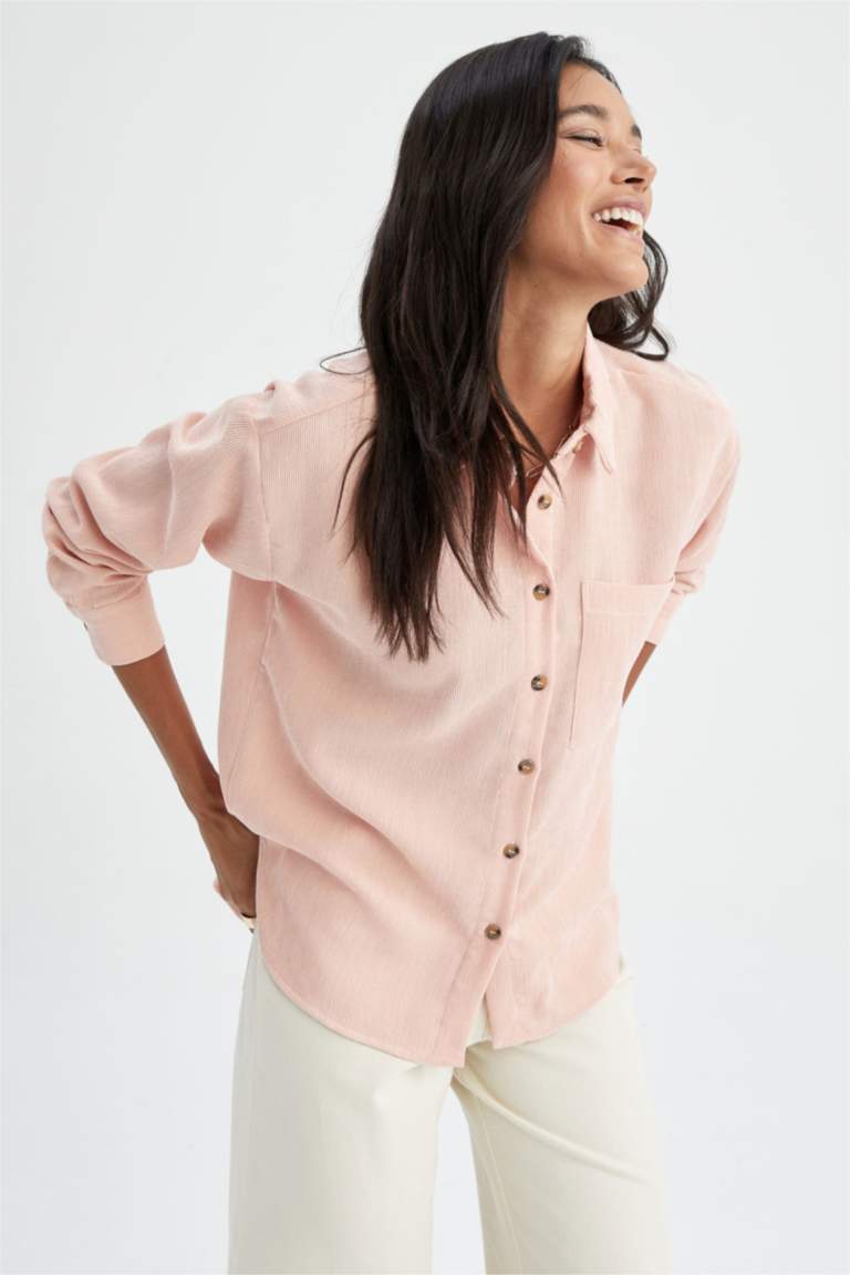 Pink WOMAN Regular Fit Short Front Long Back Long Sleeve Velvet Shirt ...