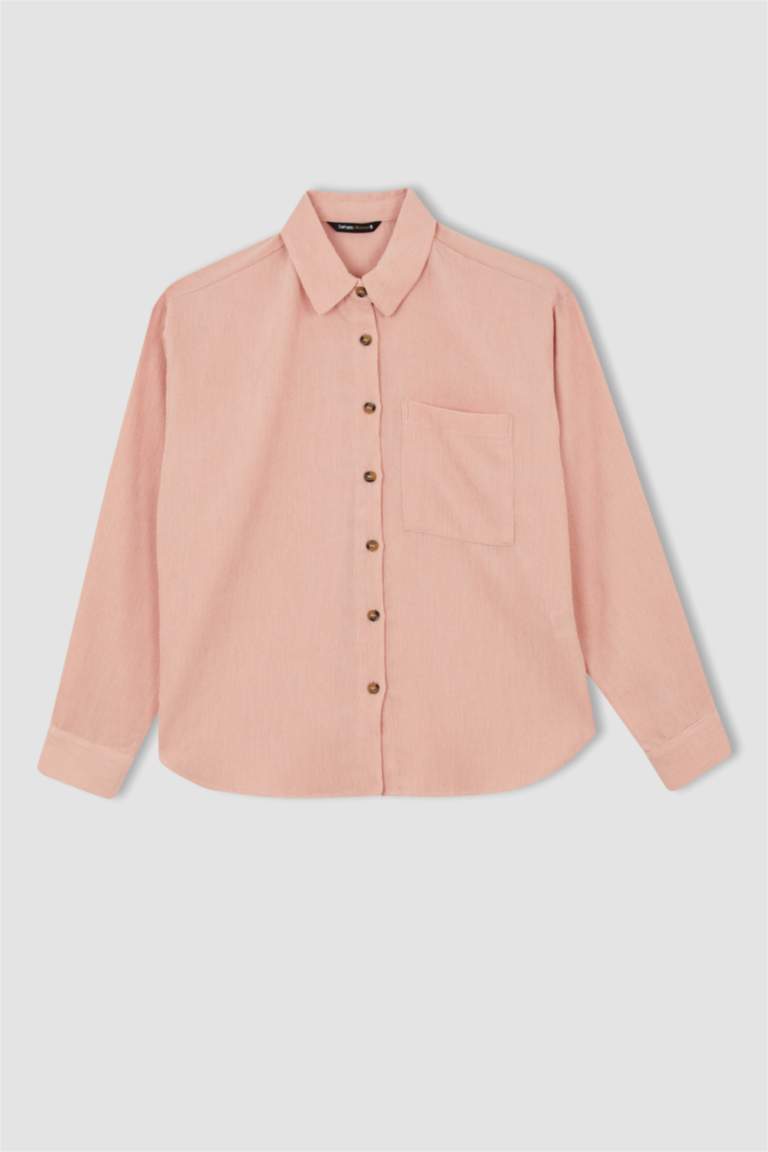 Pink WOMAN Regular Fit Short Front Long Back Long Sleeve Velvet Shirt ...