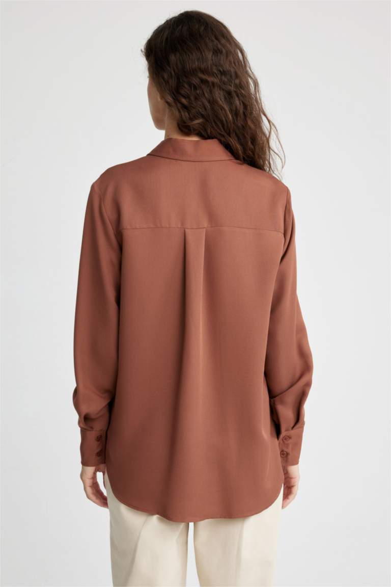 Kahve Kadın Regular Fit Cepli Uzun Kollu Viskon Gömlek 2723538 | DeFacto