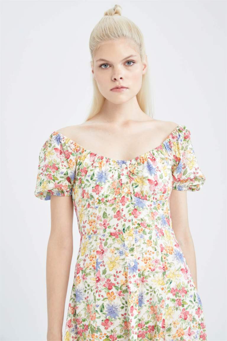 Ecru WOMAN U Neck Short Sleeve Floral Print Mini Dress 2460862 | DeFacto