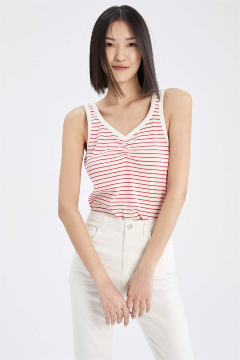 Pink Woman Regular Fit Striped V-Neck Ribbed Camisole Singlet 2523546 ...