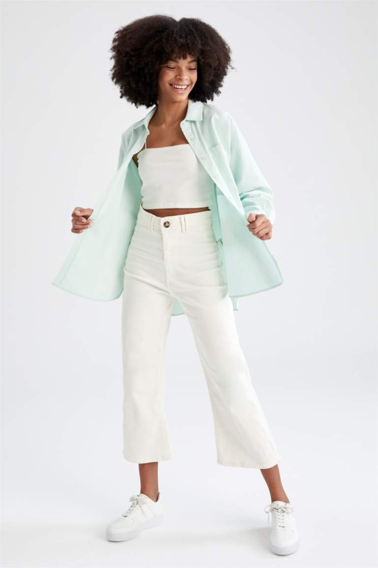 فيروزي نساء قميص أكسفورد قطن بجيب اوفر سايز 2384722 | DeFacto