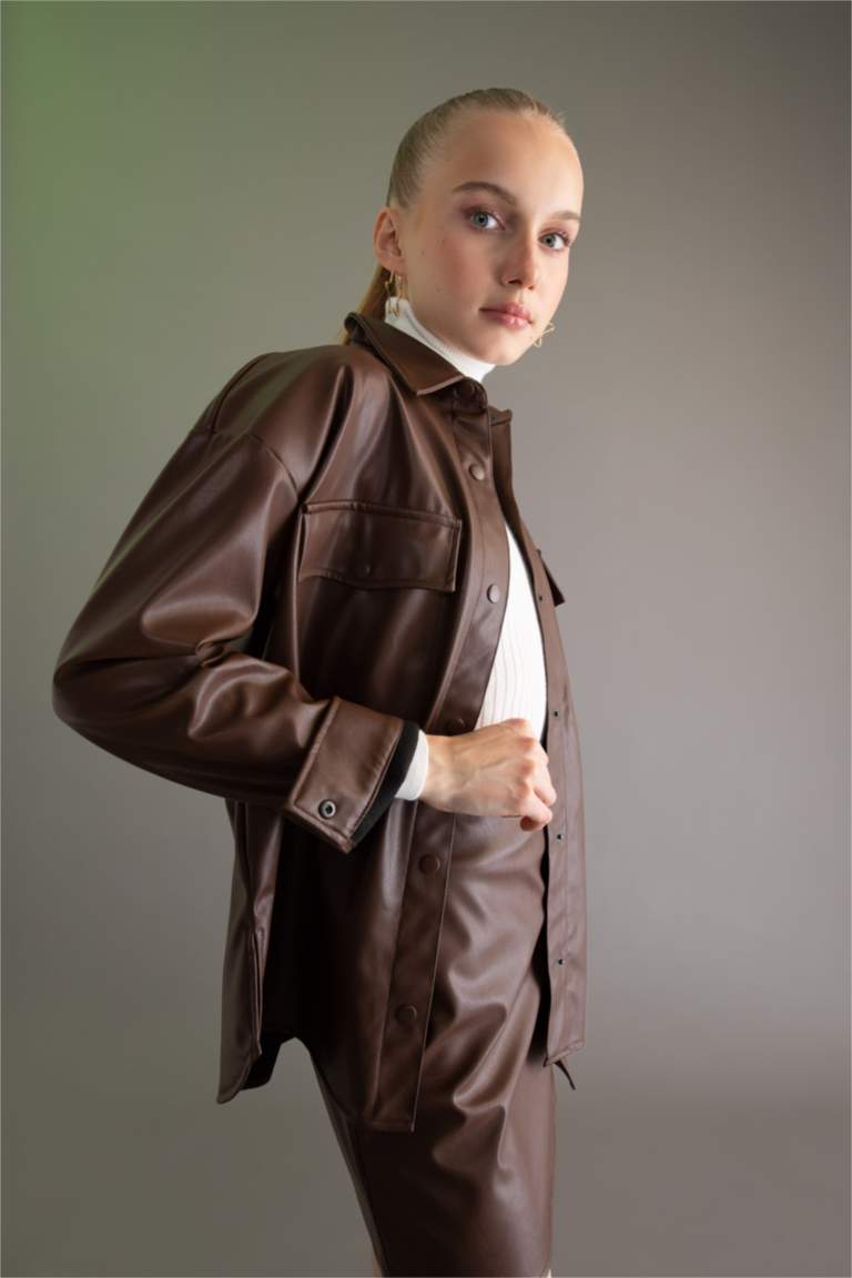 Brown WOMAN Shirt Collar Faux Leather Long Sleeve Shirt 2687293 | DeFacto