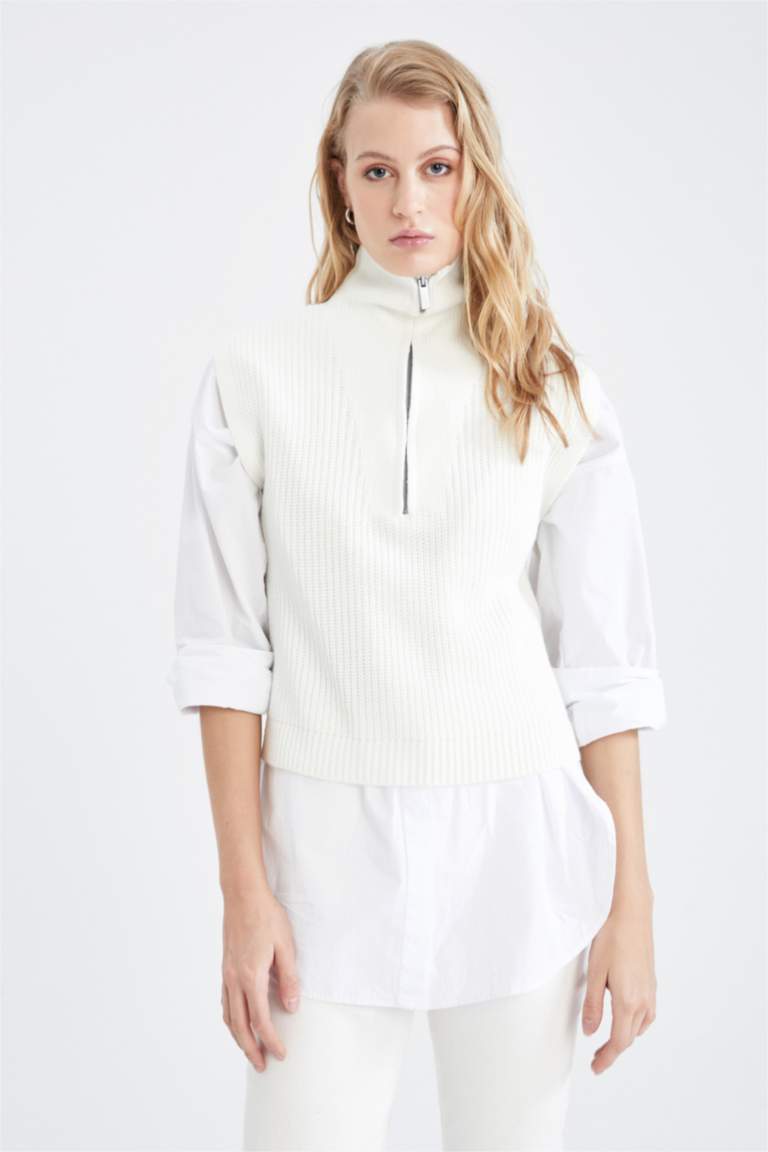 Ecru WOMAN Regular Fit Zip-Up Turtle Neck Thessaloniki Fabric Vest ...