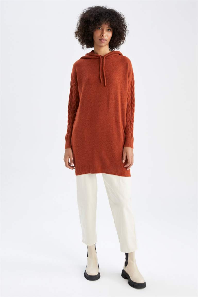 Brown WOMAN Regular Fit Hooded Long Sleeve Knitted Patterned Knitwear ...
