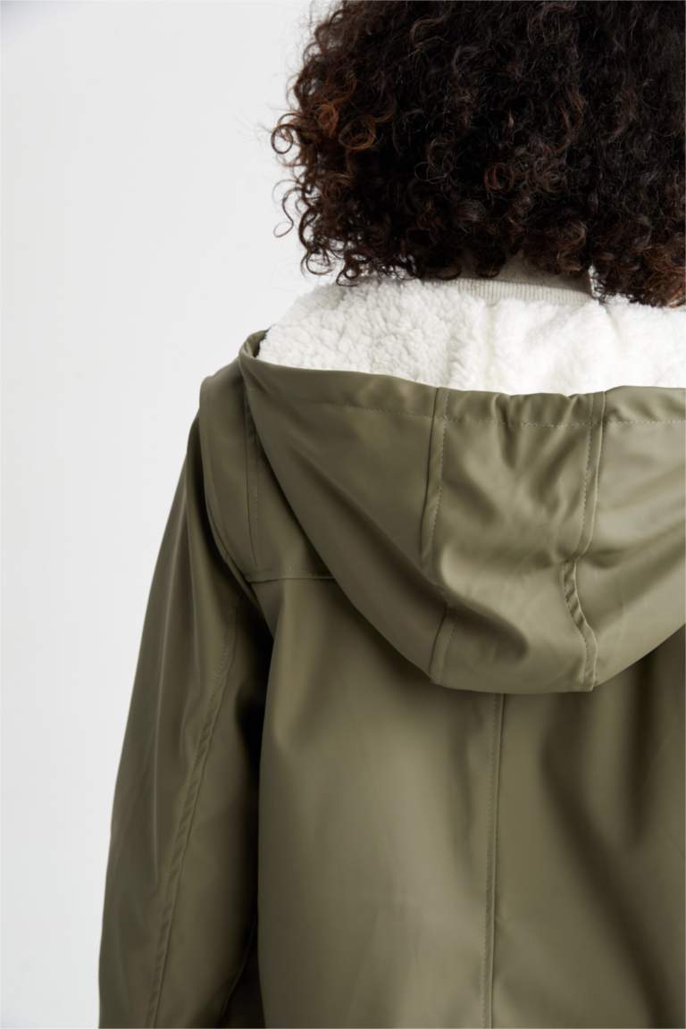 Khaki WOMAN Relax Fit Hooded Hidden Zipper Faux Leather Raincoat ...