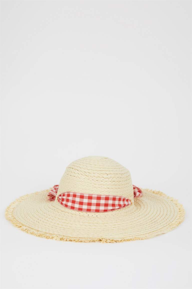 Beige WOMAN Check Print Ribbon Straw Hat 2377316 | DeFacto