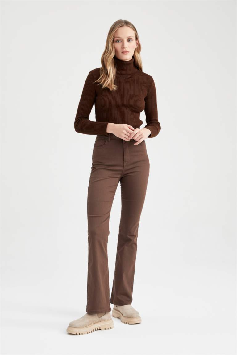 Brown WOMAN Long Length Gabardine Trousers with Flared Leg Pockets ...