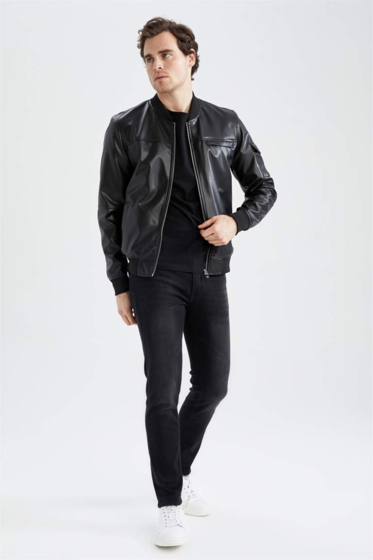 Black Man Slim Fit Lined Faux Leather Faux Leather Jacket 2417993 | DeFacto