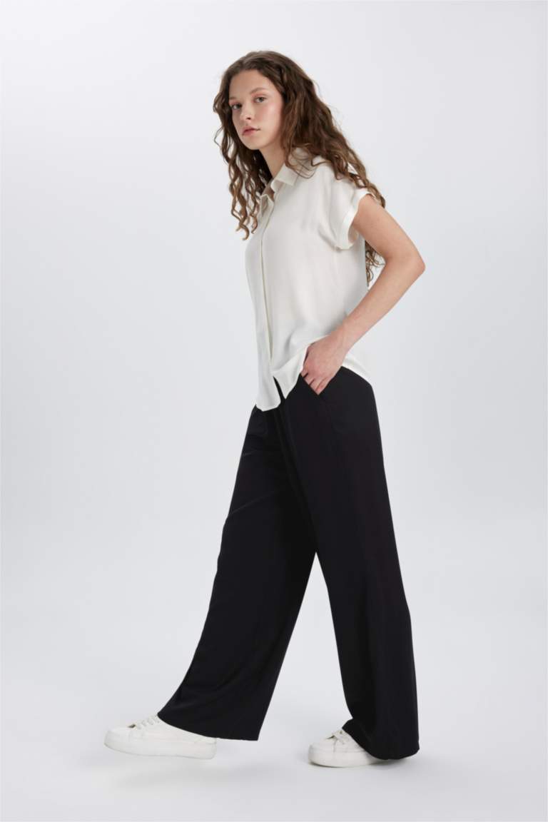 Black WOMAN Wide Leg Normal Waist Long Length Viscose Trousers 3074922 ...