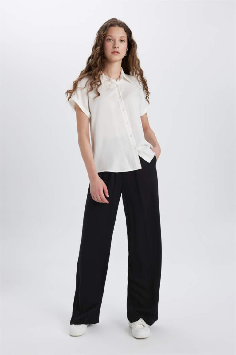 Black WOMAN Wide Leg Normal Waist Long Length Viscose Trousers 3074922 ...