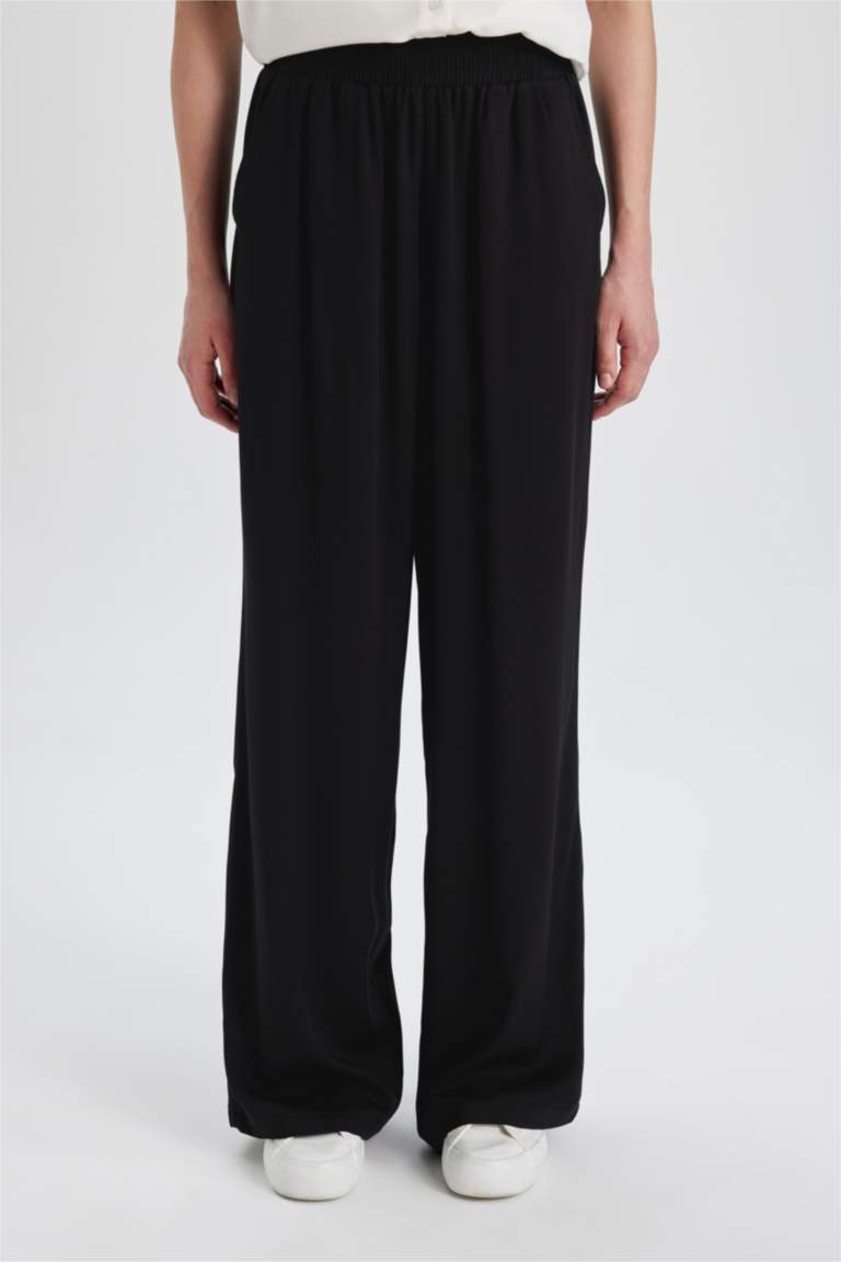 Black WOMAN Wide Leg Normal Waist Long Length Viscose Trousers 3074922 ...