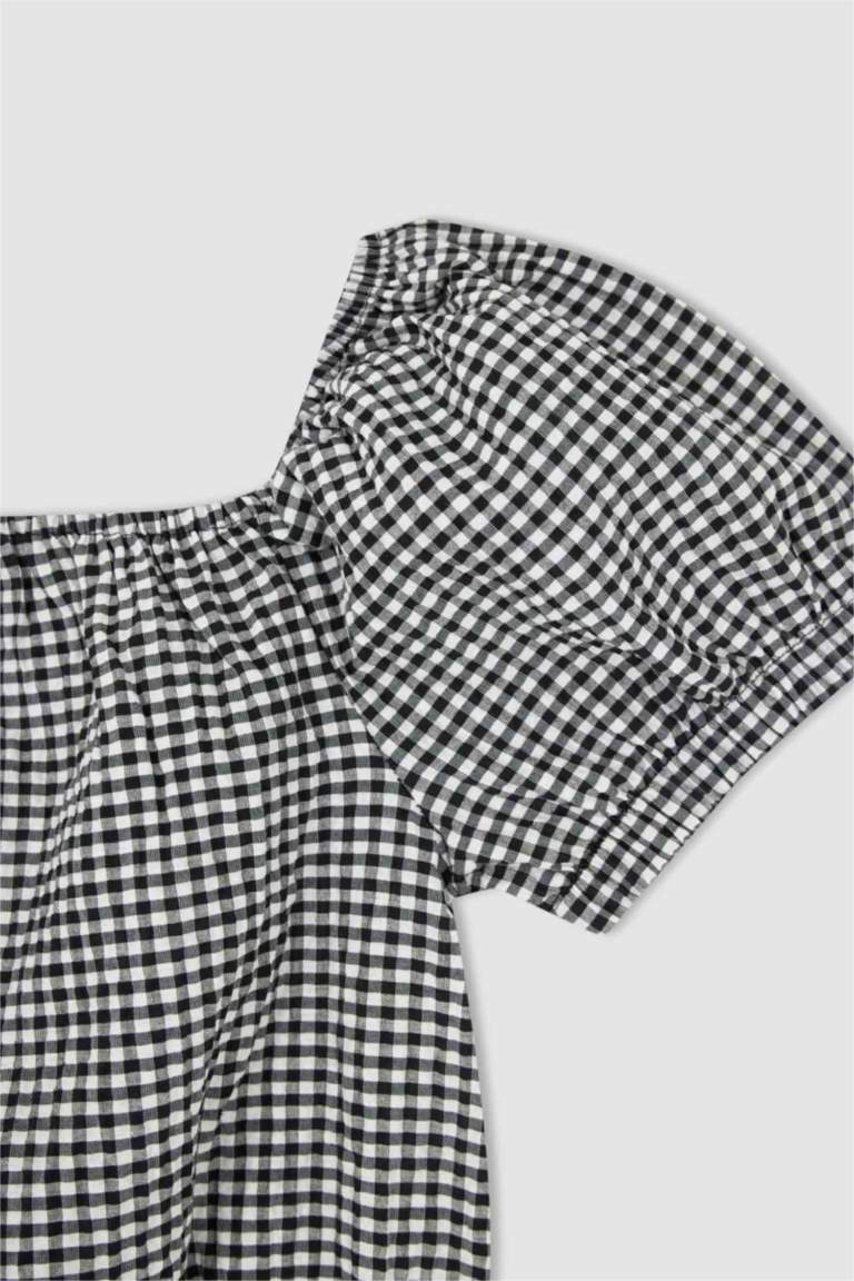 Black Girls & Teens Girl Square Neck Short Sleeve Check Print Blouse ...