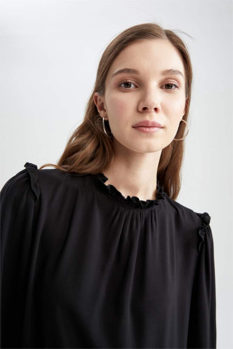 Black WOMAN Ruffle Collar Long Sleeve Ruffle Long Dress 2418607 | DeFacto