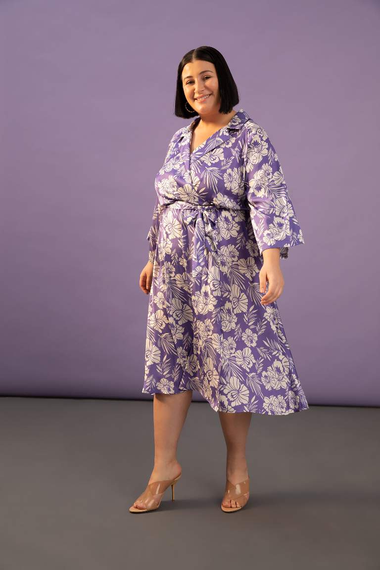 Purple Women A Cut Long Sleeve Floral Printed Satin Midi Dress 2502178