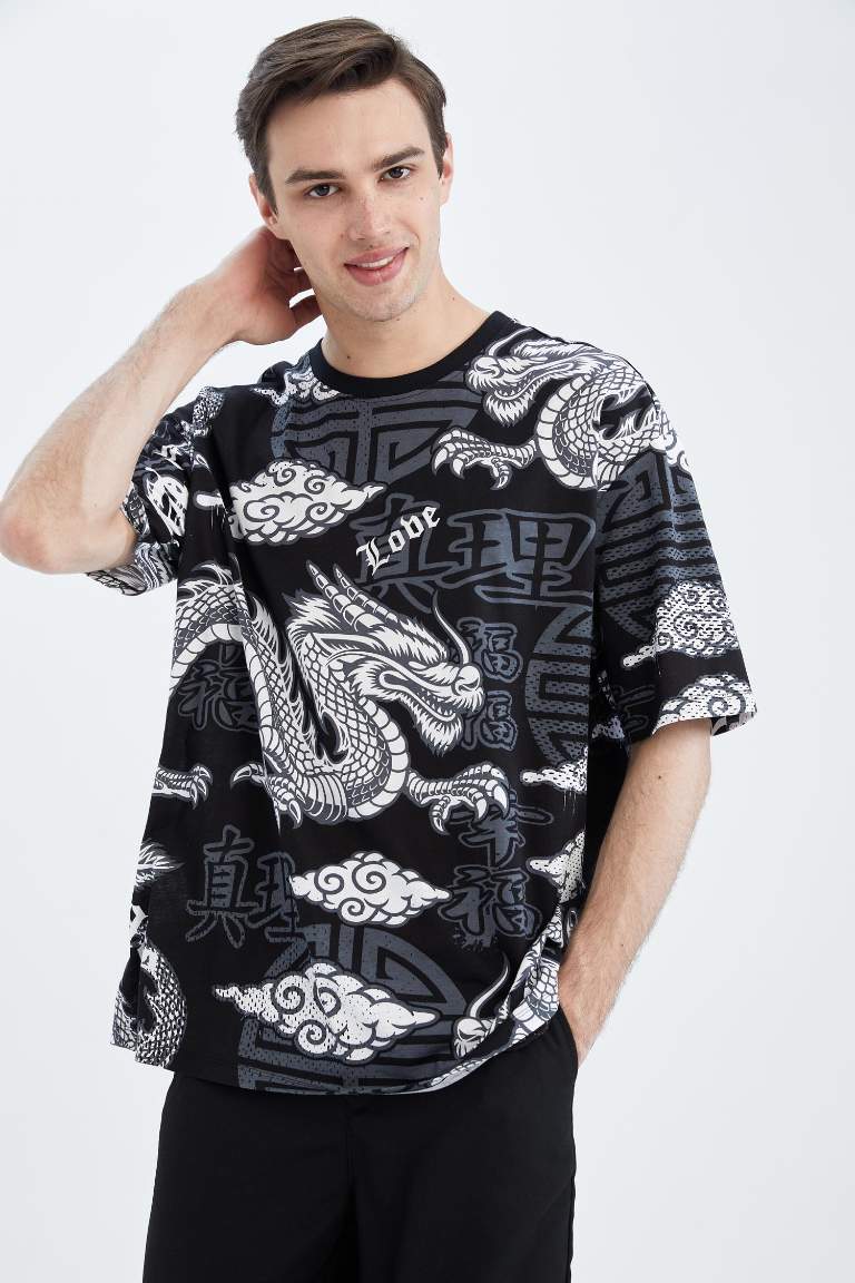 Black Men Oversized Short Sleeve Dragon Print T Shirt 2486298 Defacto