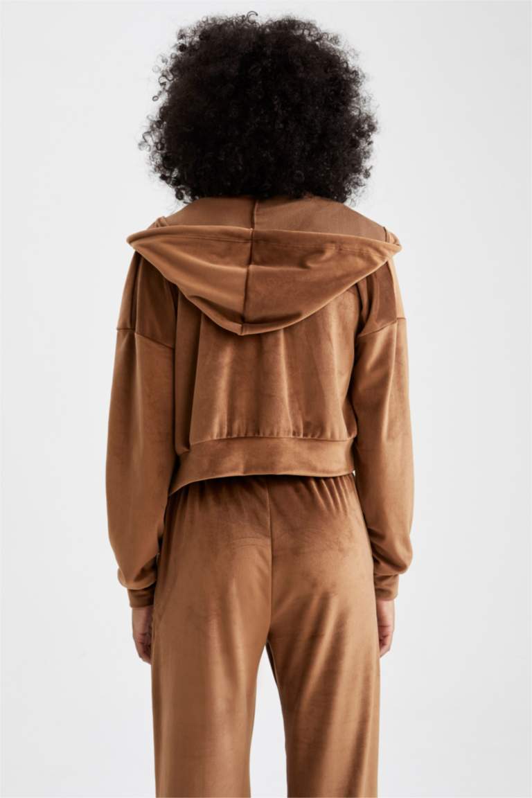 Brown WOMAN Relax Fit Hooded Velvet Cardigan 2457756 | DeFacto