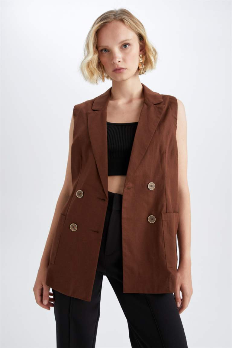 Brown WOMAN Regular Fit Double Button Linen Blend Vest 2502329 | DeFacto