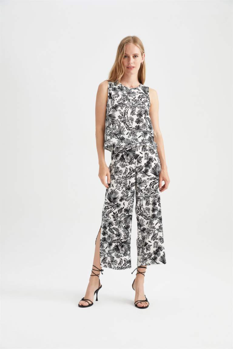 Ecru WOMAN Wide Leg High Waist Patterned Linen Blend Trousers 2525612 ...