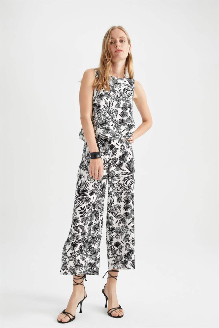 Ecru WOMAN Wide Leg High Waist Patterned Linen Blend Trousers 2525612 ...