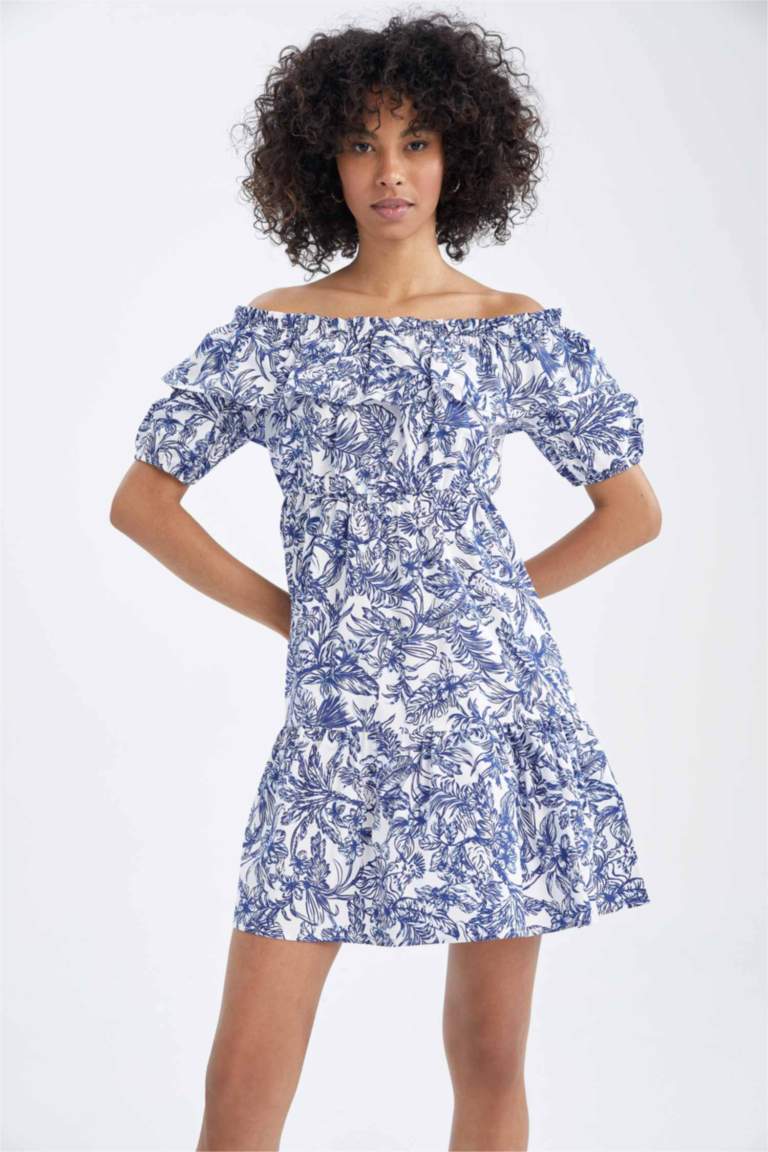 White Woman Short Sleeve Floral Print Mini Dress 2521407 | DeFacto