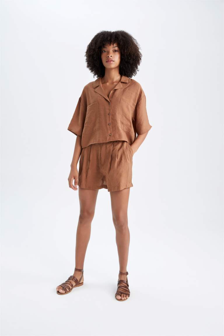 Brown Woman Relax Fit Pyjamas Collar modal Short Sleeve Shirt 2630806 | DeFacto