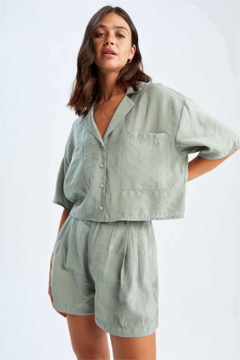 Turquoise Woman Relax Fit Pyjamas Collar modal Short Sleeve Shirt ...