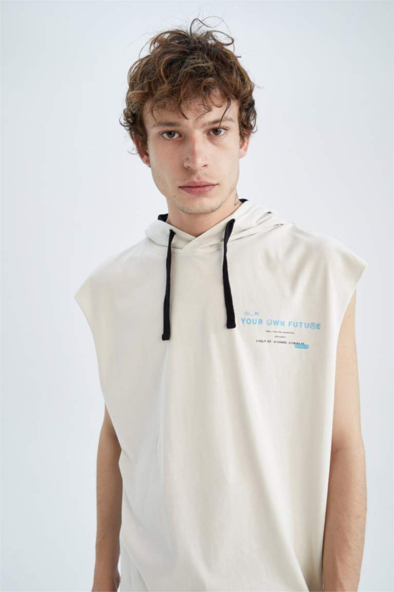 Beige MAN Oversize Fit Printed Hooded Strappy Tank Top 2520812 | DeFacto