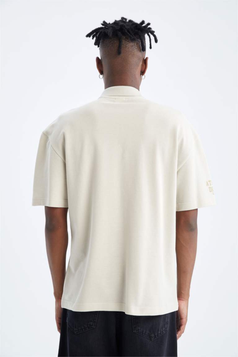 Beige MAN Boxy Fit Polo Neck Printed Cotton Combed Cotton T-Shirt ...