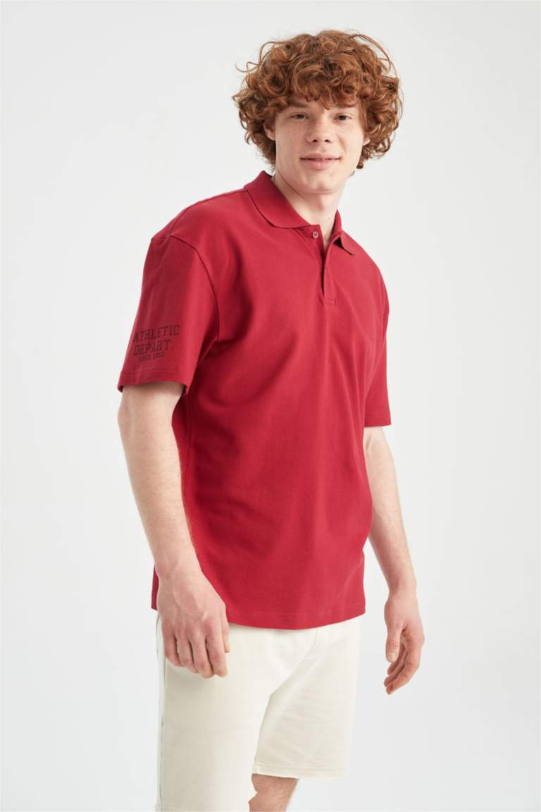 Bordeaux Man Boxy Fit Polo Neck Printed Cotton Combed Cotton T-Shirt ...