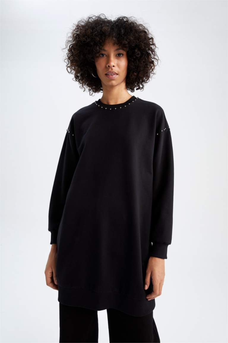 Black WOMAN Relax Fit Thin Sweatshirt Fabric Crew Neck Sweat Tunic ...