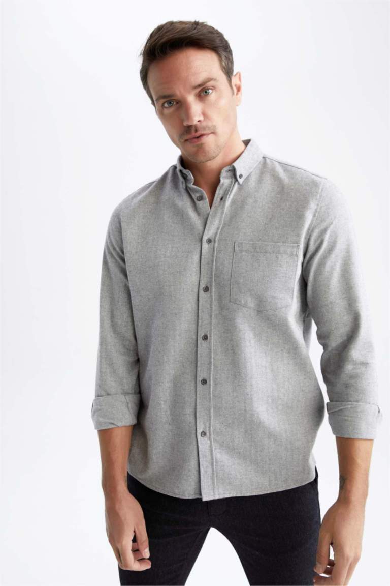 Gri Erkek Regular Fit Gömlek Yaka Flanel Uzun Kollu Gömlek 2651301 ...