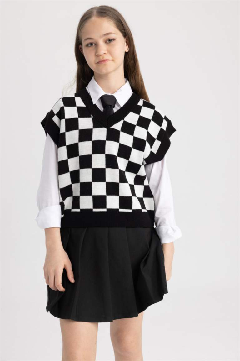 Black GIRLS & TEENS Girl Checker Pattern V-Neck Knitwear Sweater ...