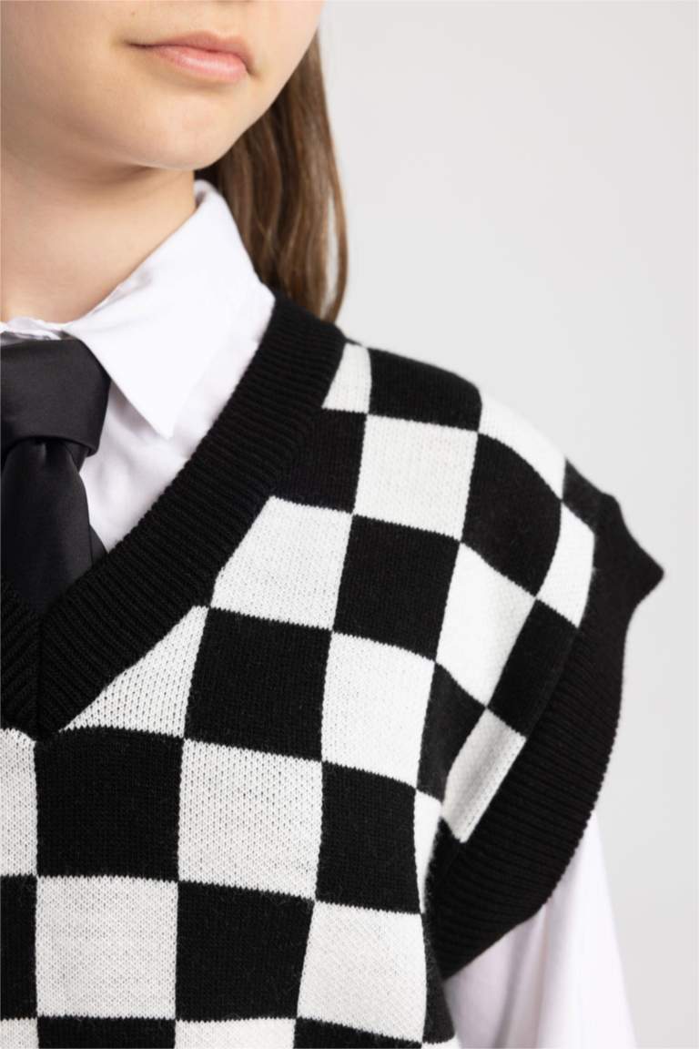 Black GIRLS & TEENS Girl Checker Pattern V-Neck Knitwear Sweater ...