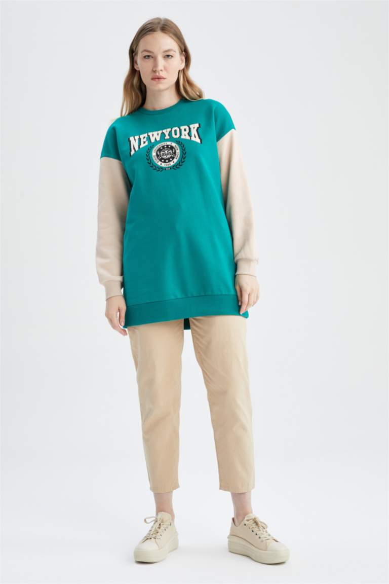 Green WOMAN Relax Fit Crew Neck Color Block Sweatshirt Fabric ...