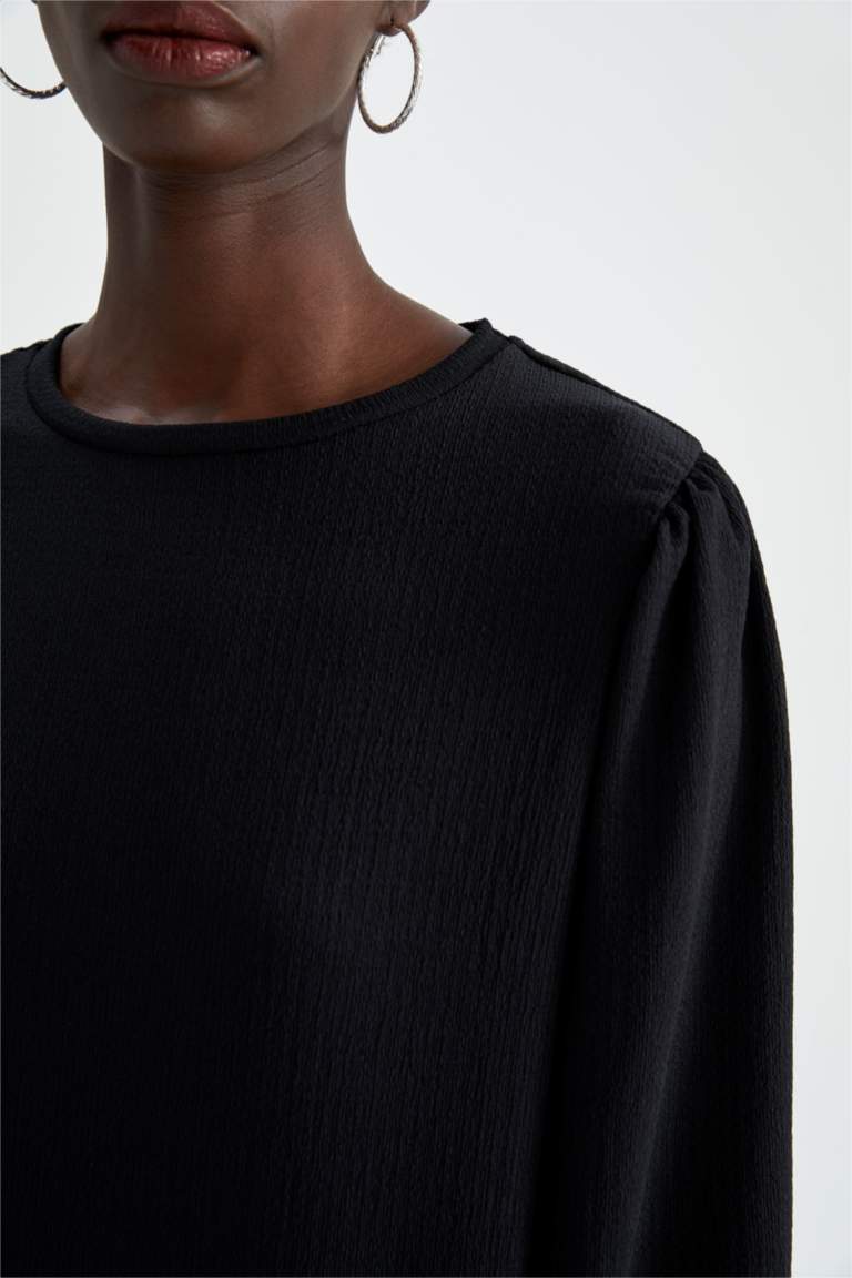 Black WOMAN Crew Neck Balloon Sleeves Mini Dress 2631616 | DeFacto