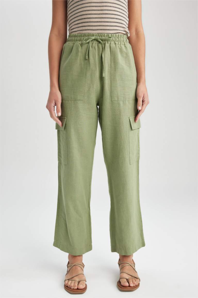 Green WOMAN Straight Fit Linen Normal Waist Trousers 2798028 | DeFacto