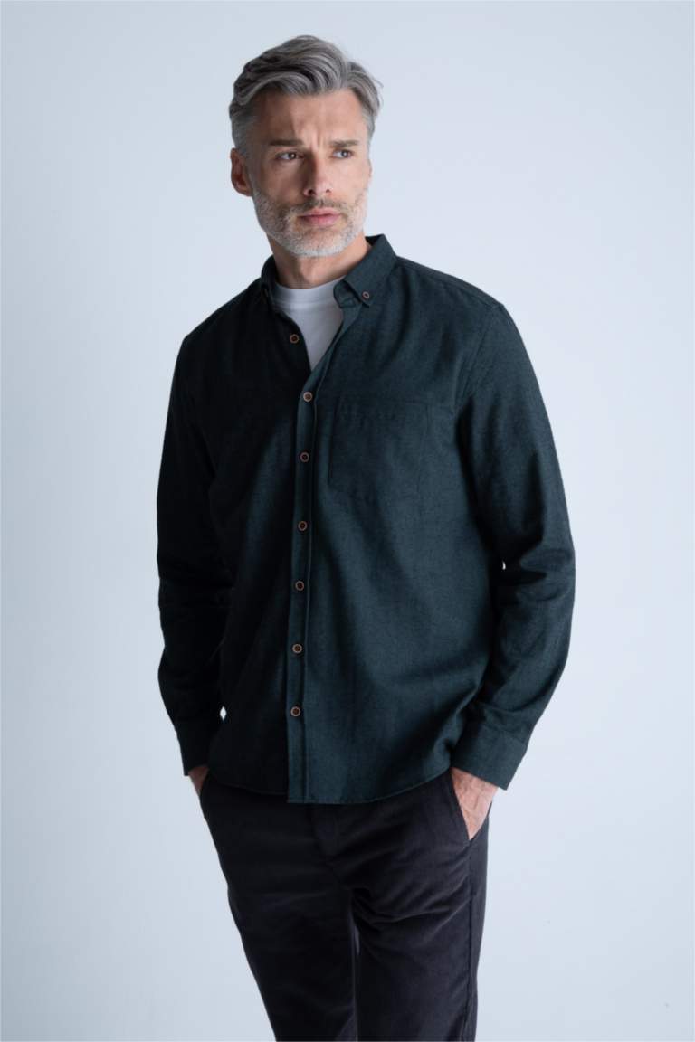 Turquoise MAN Elder Regular Fit Shirt Collar Flannel Long Sleeve Shirt ...