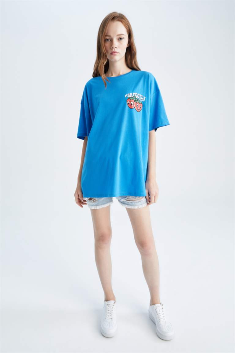 Blue WOMAN Coool Oversize Fit Crew Neck Back Printed Short Sleeve T ...