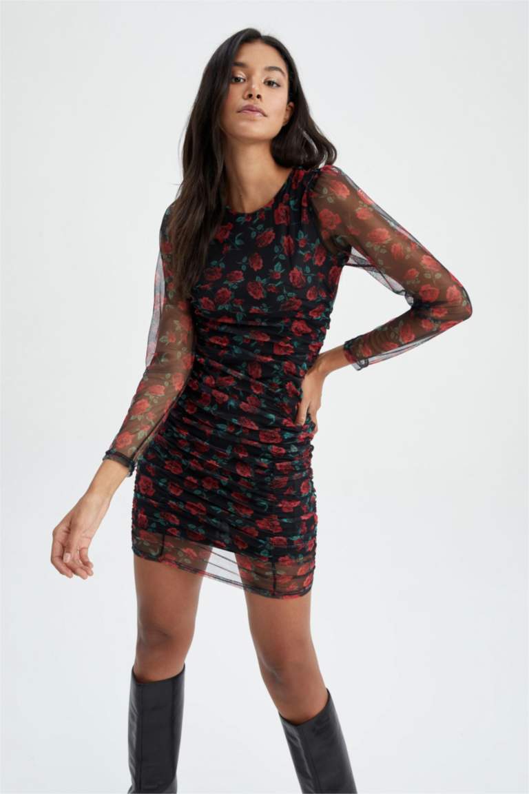 Siyah Kadın Bodycon Vücudu Saran Bisiklet Yaka Desenli Tül Uzun Kollu Mini Elbise 2693970 | DeFacto