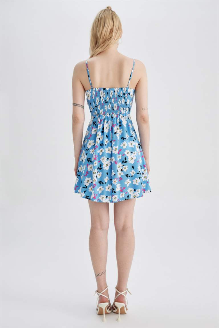 Blue Woman Strap Patterned Mini Short Sleeve Dress 2795224 | DeFacto