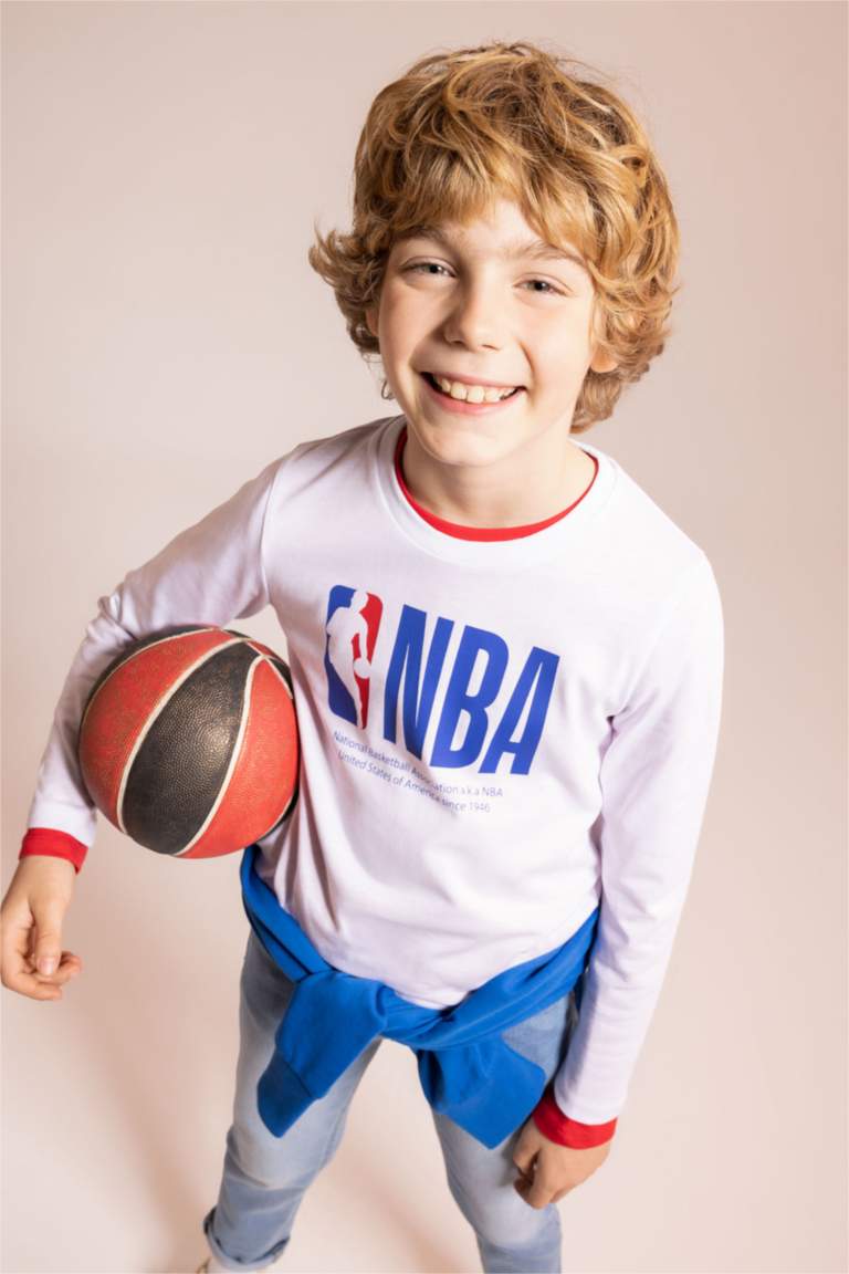 White BOYS & TEENS Boys' Defacto Fit NBA Regular Fit Crew Neck Long ...