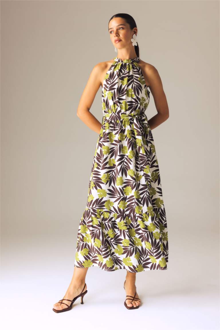 Brown Woman Halter Collar Tropical Patterned Sleeveless Midi Dress ...